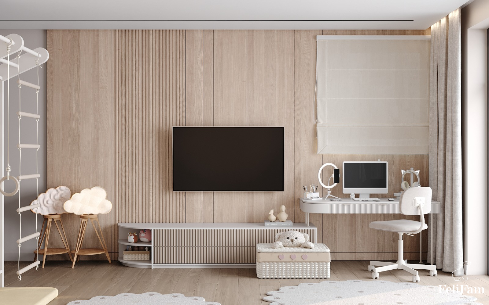 Design of a girl's room: a zone of play, learning and relaxation